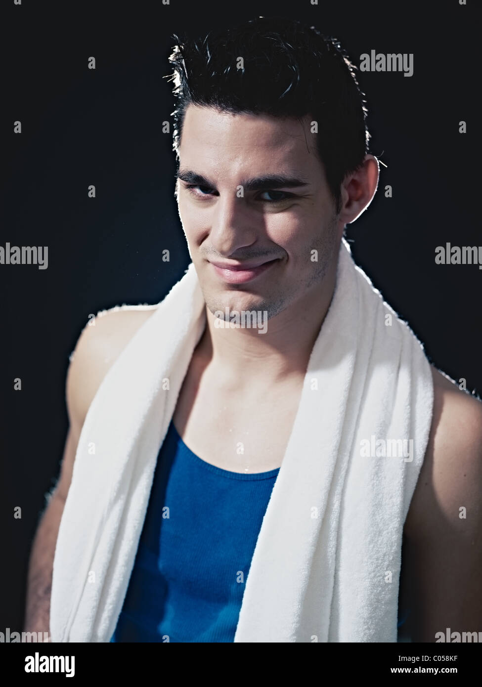 portrait of confident caucasian male in sportswear, looking at camera ...