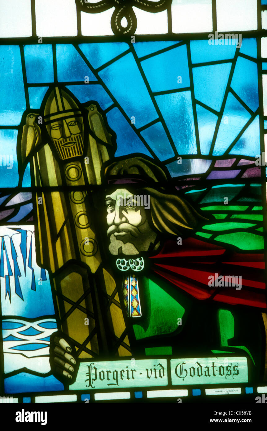 Stained glass window in the cathedral at Akureyri, Iceland showing ...