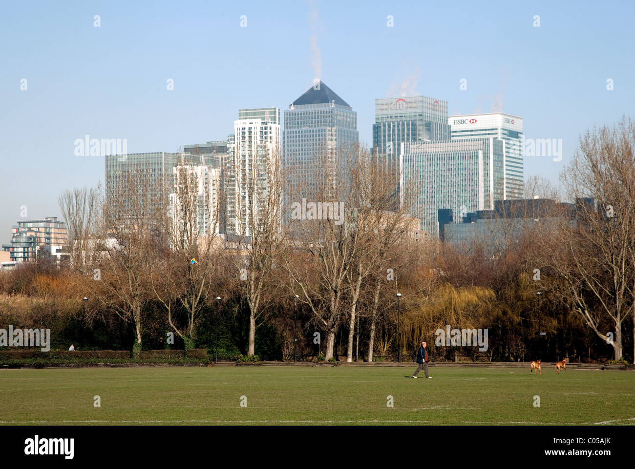 Canary Wharf skyline seen from Millwall Park, Isle of Dogs, London ...