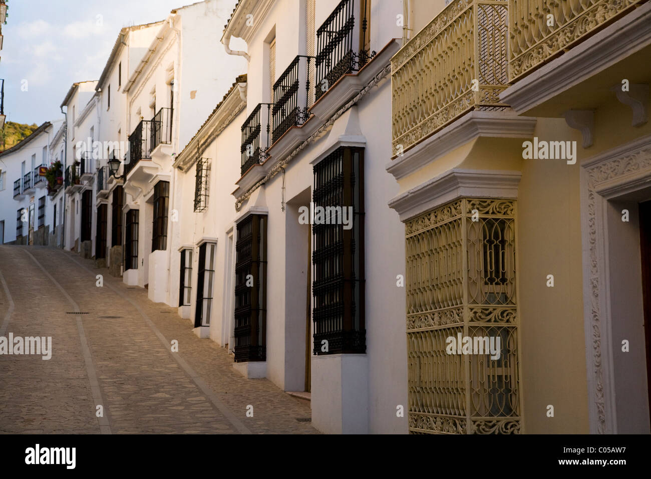 Traditional Spanish cobbled back street / streets / road, & typical ...