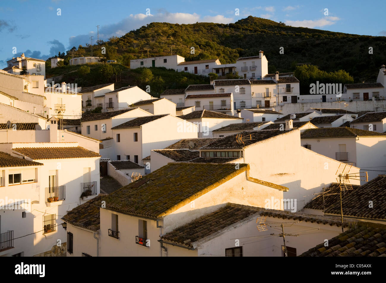 Typical traditional Spanish buildings & roof tops / rooves at dusk ...