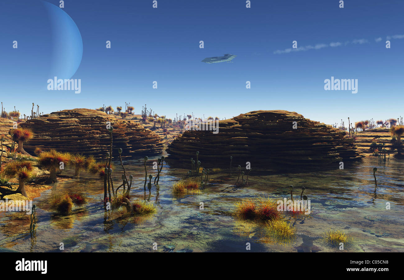 Spaceship flying over an alien planet landscape Stock Photo - Alamy