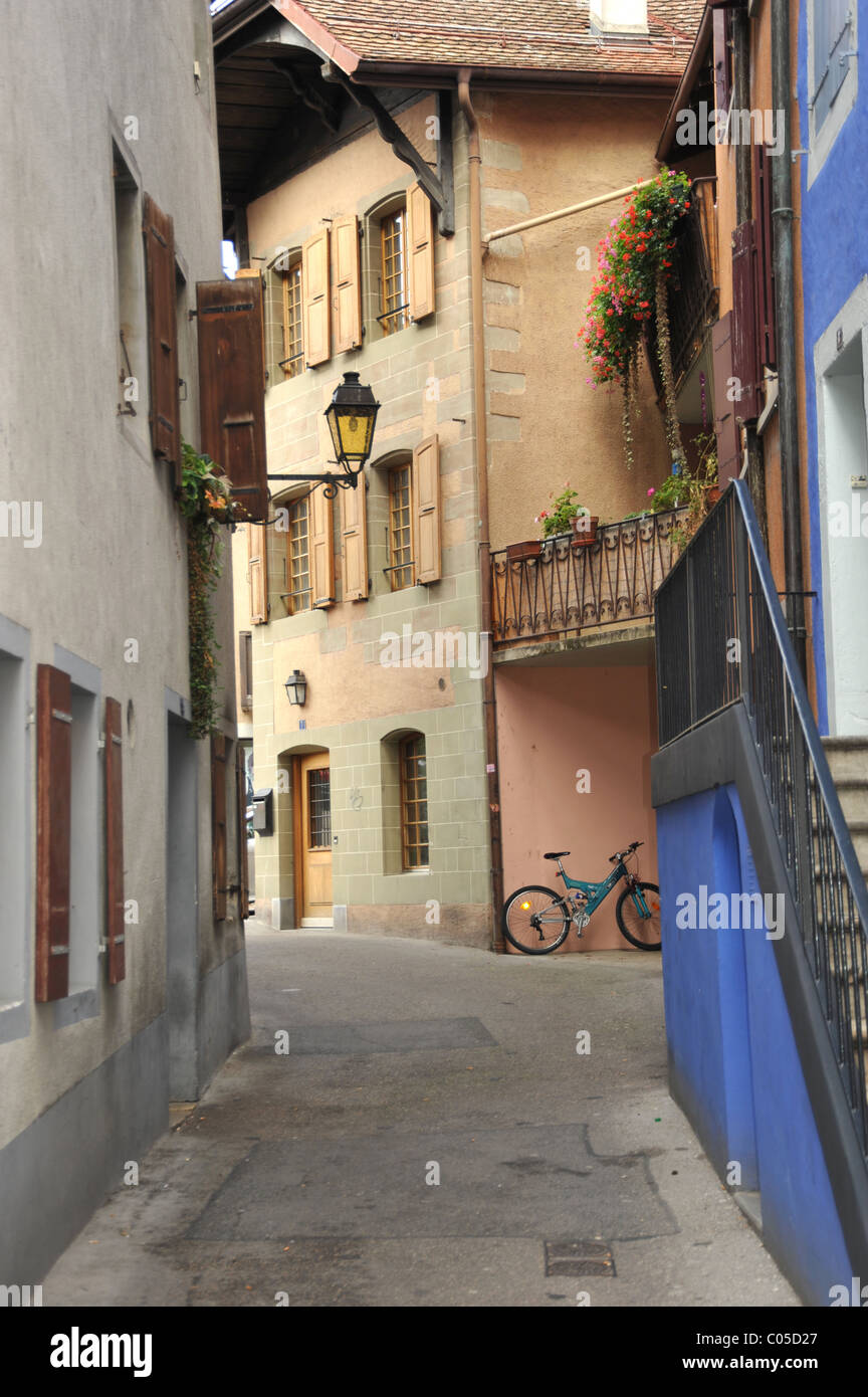 The town of Nyon in Switzerland, situated on the banks of Lake Geneva ...