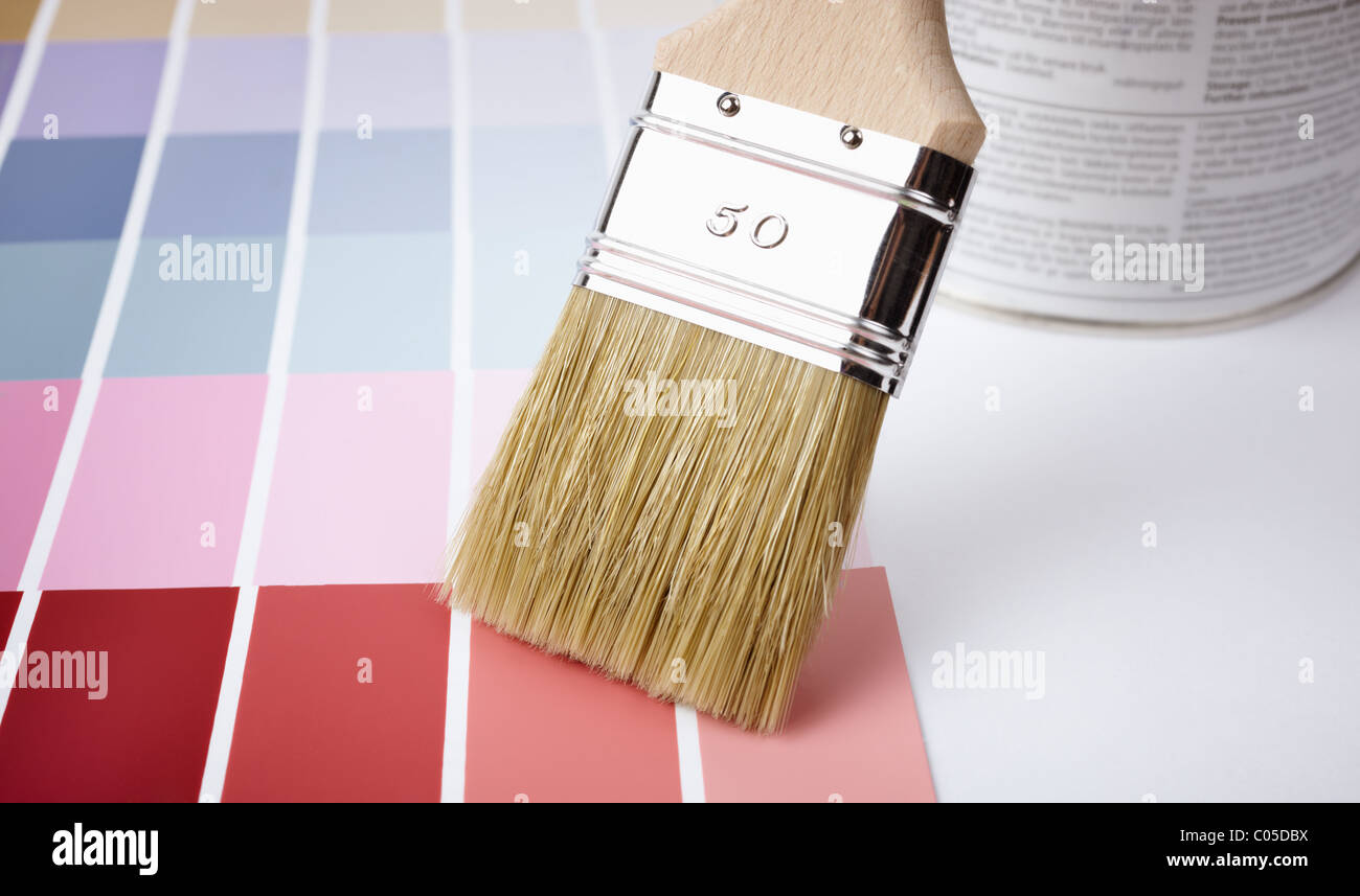 paint brush, can and color samples, selective focus Stock Photo - Alamy