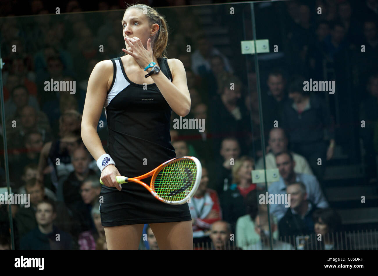 Laura Massaro concentrates during the British Squash National ...