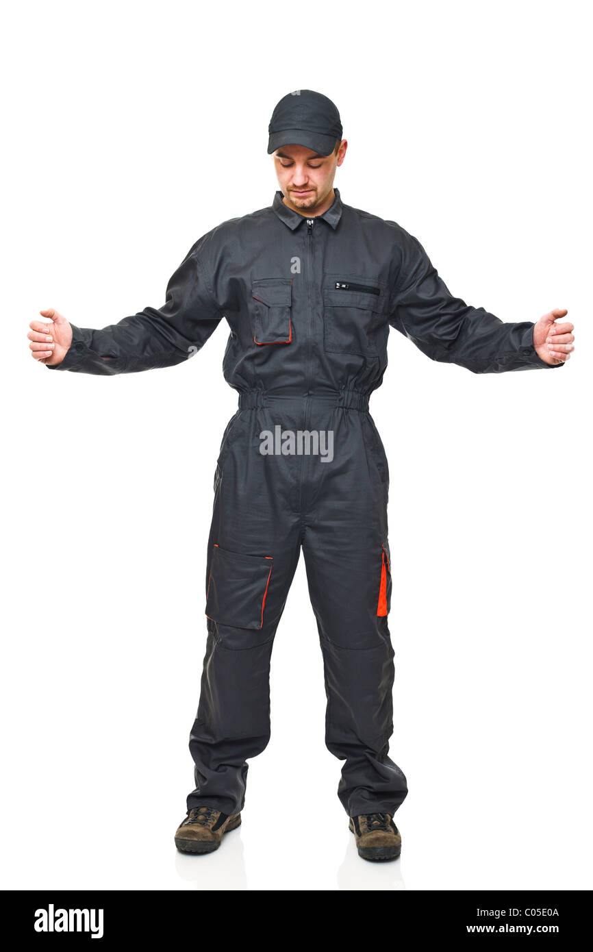 portrait of manual worker with garage suit on white background Stock ...
