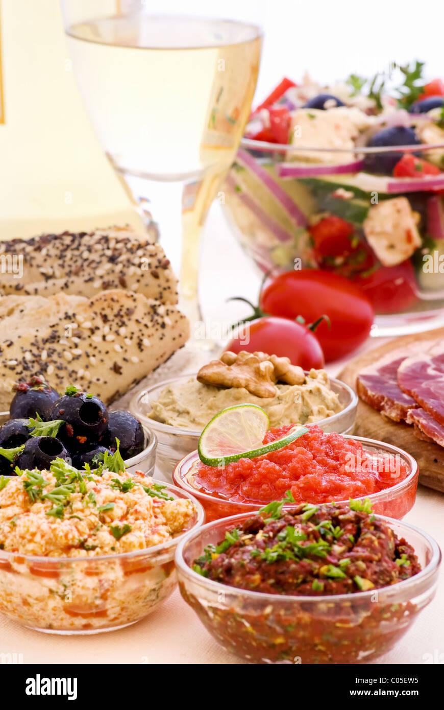 Tapas with vine and salad Stock Photo - Alamy