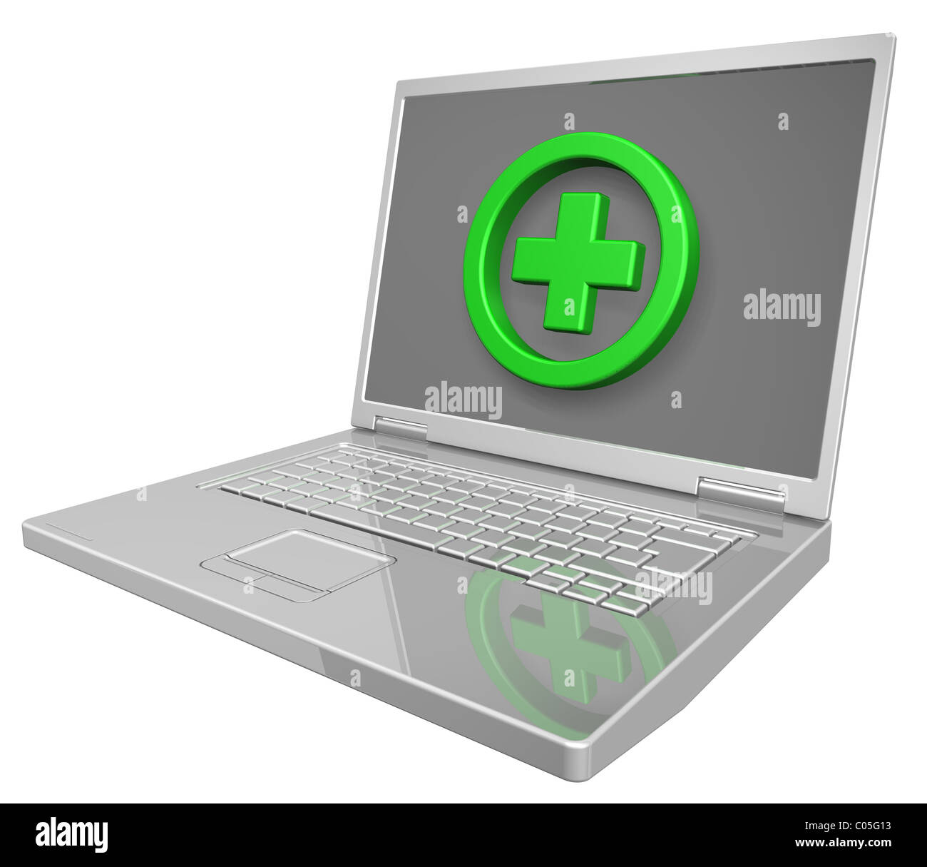 Shiny gray laptop with green cross sign isolated on white Stock Photo ...