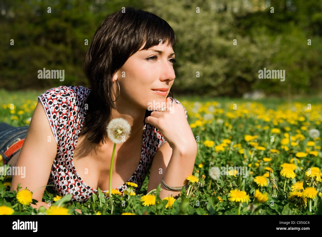 the young woman recumbent in a meadow Stock Photo - Alamy