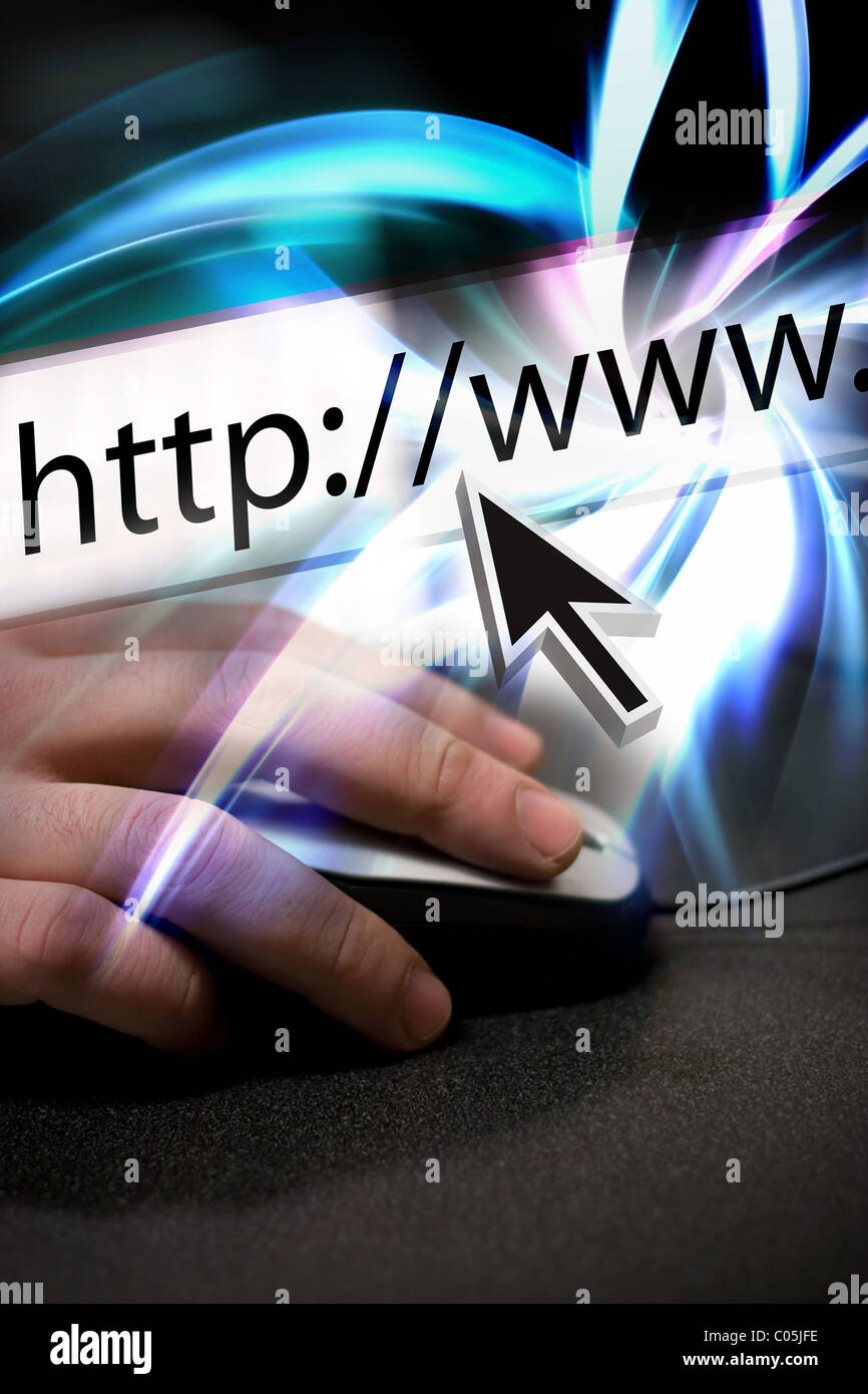 Montage of a mouse arrow pointing the the URL in the internet browser ...