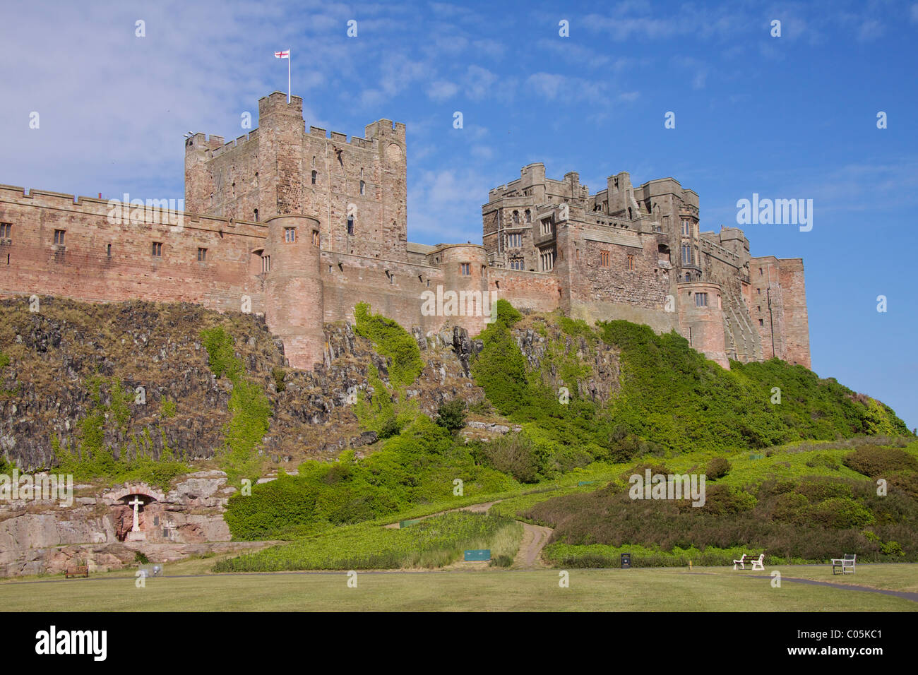 Bamburgh Castle, built on a basalt outcrop rebuilt by the Normans in ...