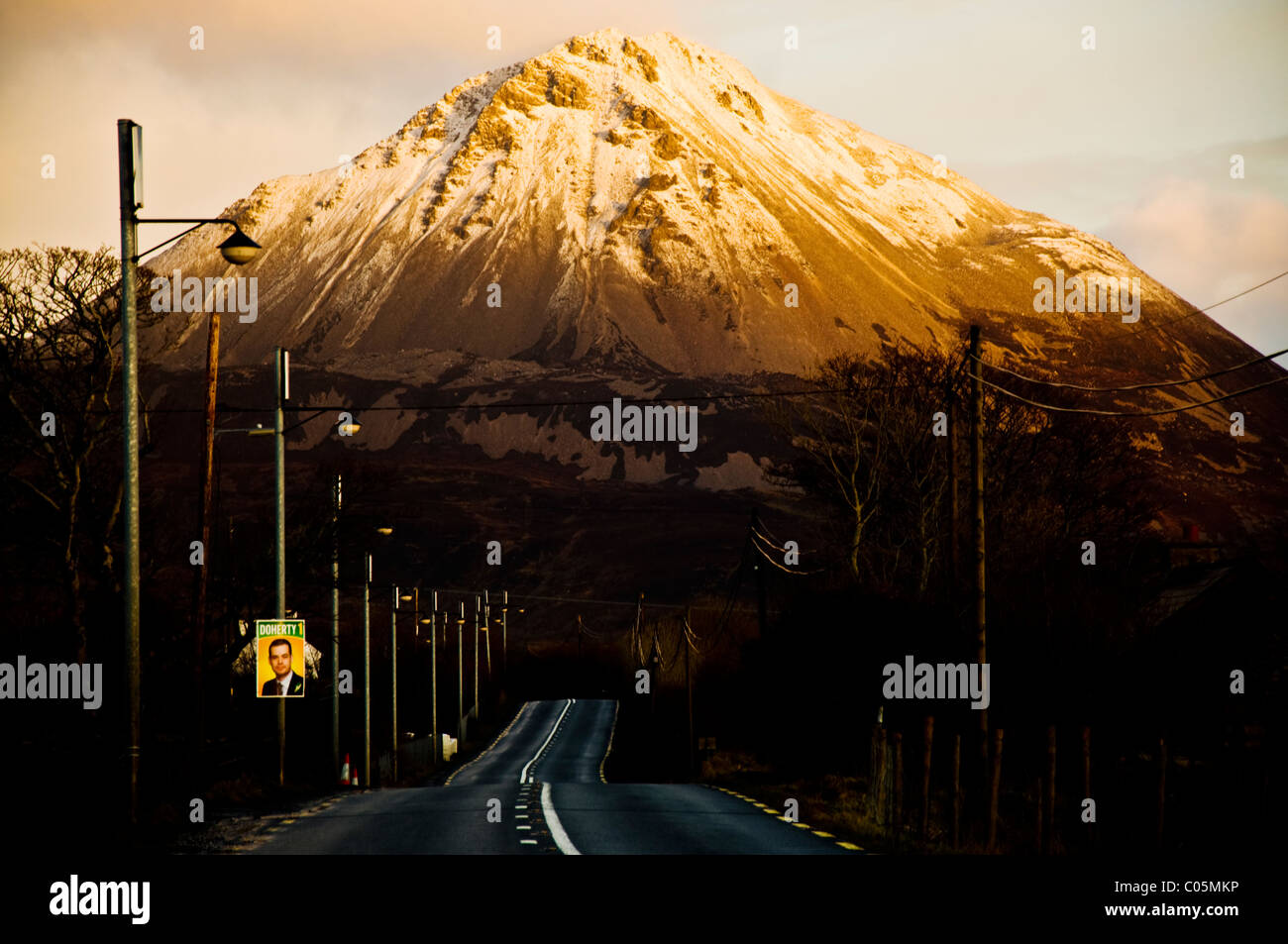 Poster for Sinn Fein's Pearse Doherty on the N56 road by Mount Errigal ...