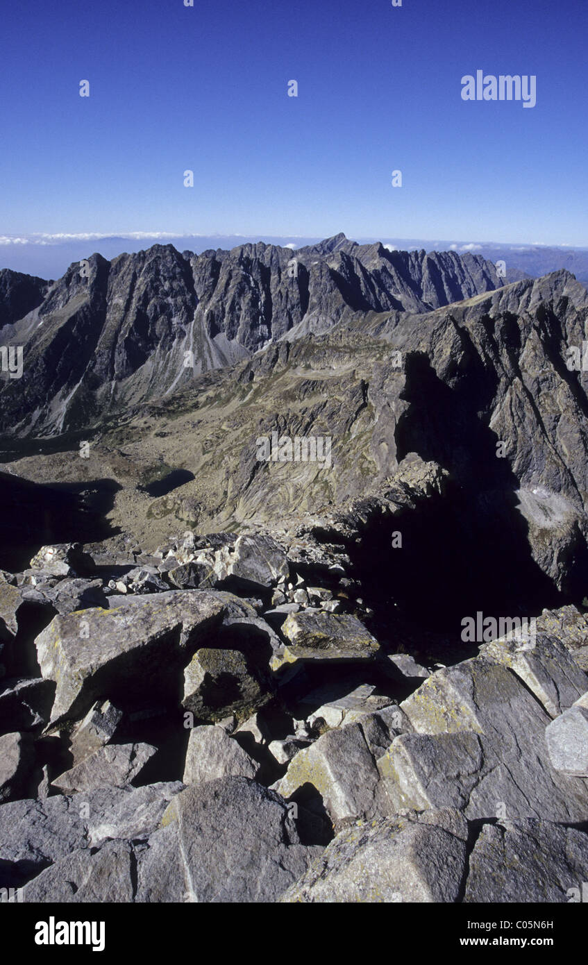The skyline of High Tatras seen from the summit of Rysy, the peak on ...