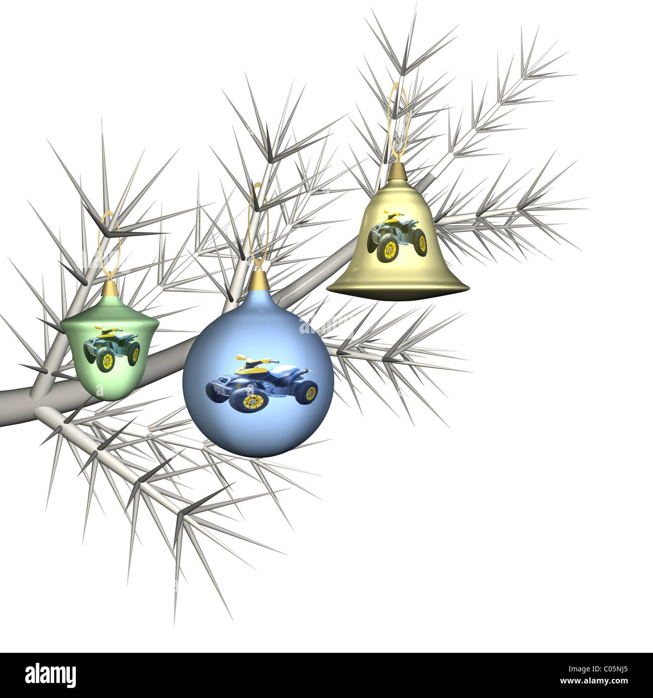 Fir-tree toys with the car on a fir-tree branch, it is isolated, 3d ...