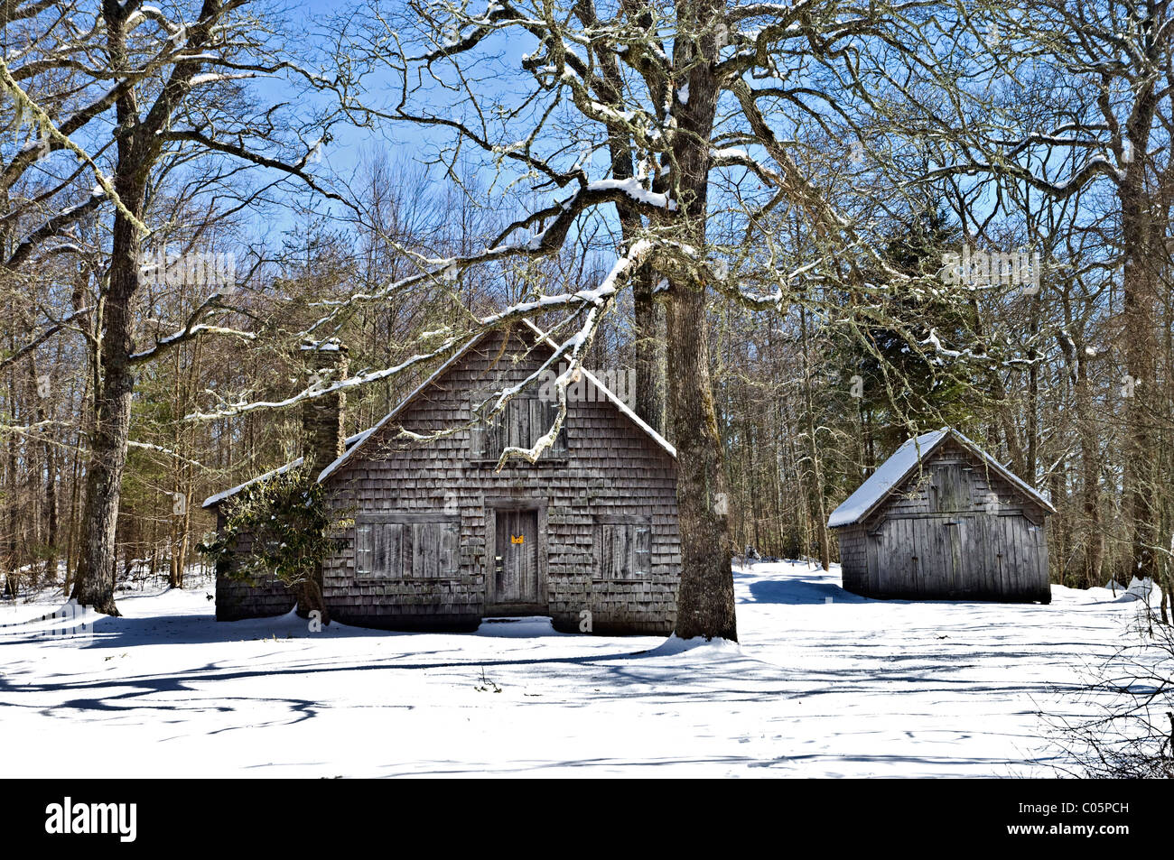 Old forestry buildings in the winter landscape, Wilson Lick ranger ...