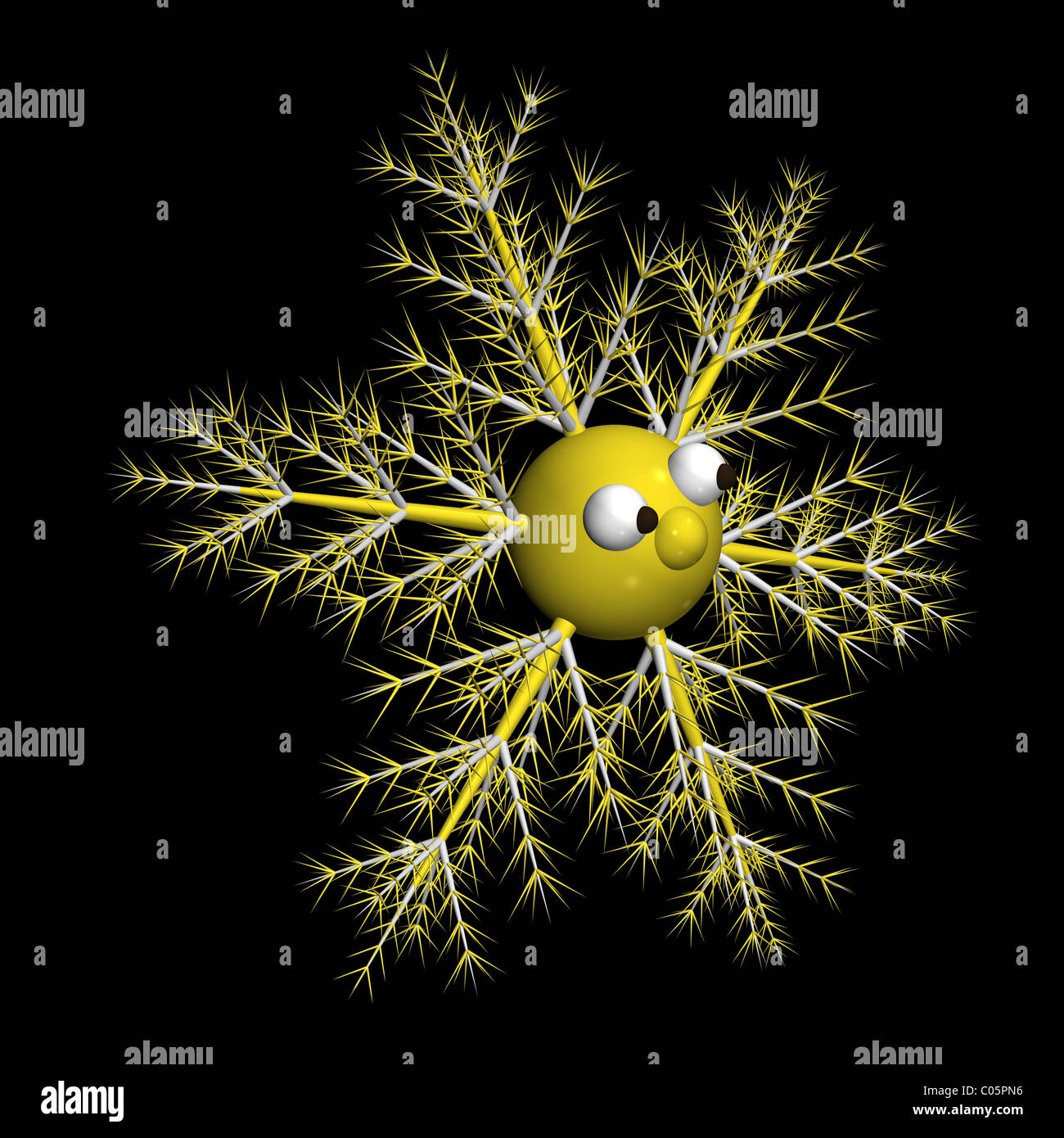 Yellow snowflake with eyes on a black background, it is isolated, 3d ...