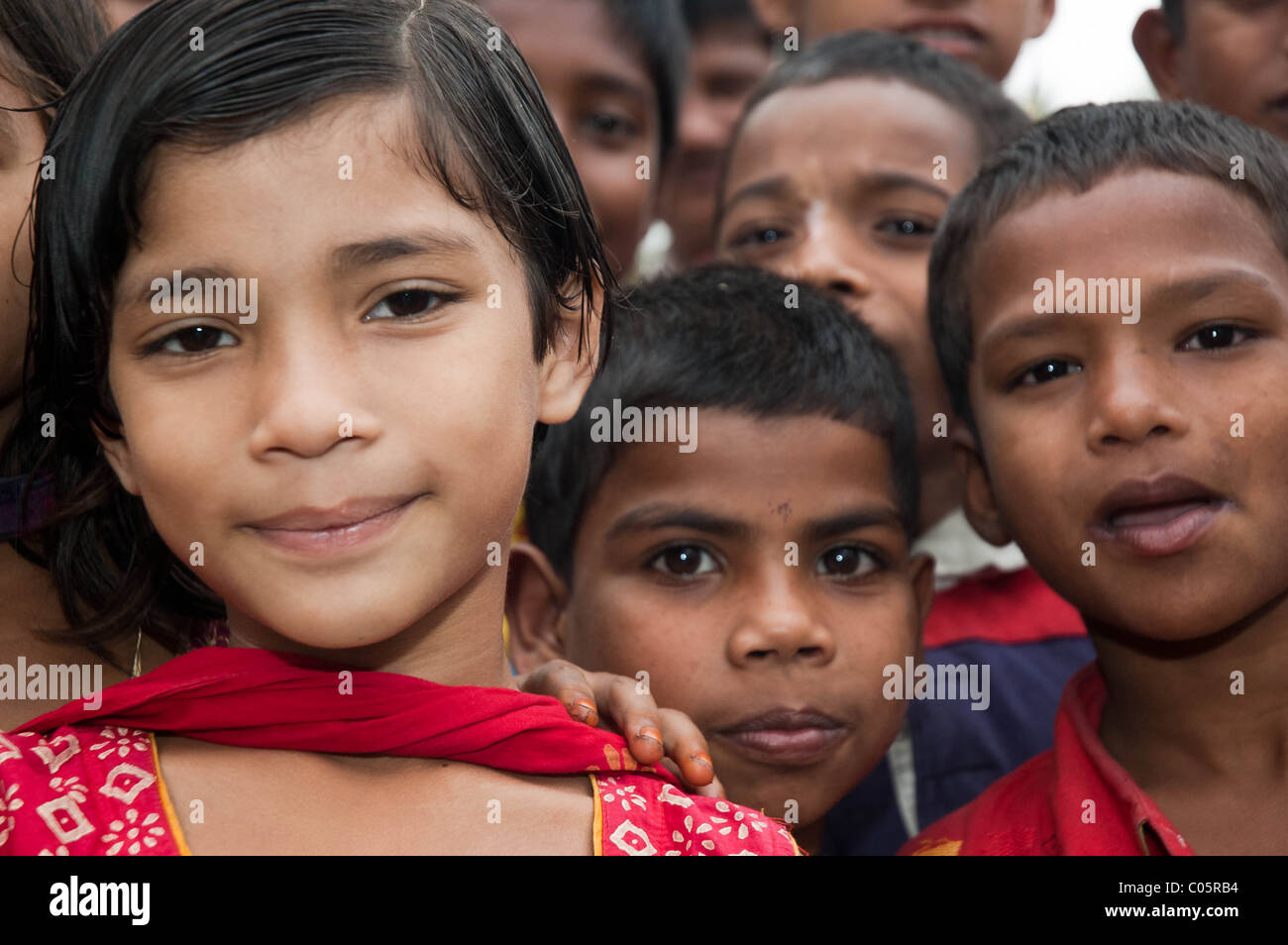A group of young Bangladeshi children from a small village south of the capital Dhaka Stock ...