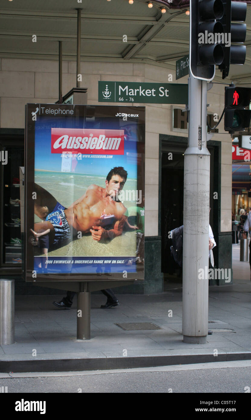 AussieBum advertisement sign at bus stop in Market Street, Sydney, NSW ...