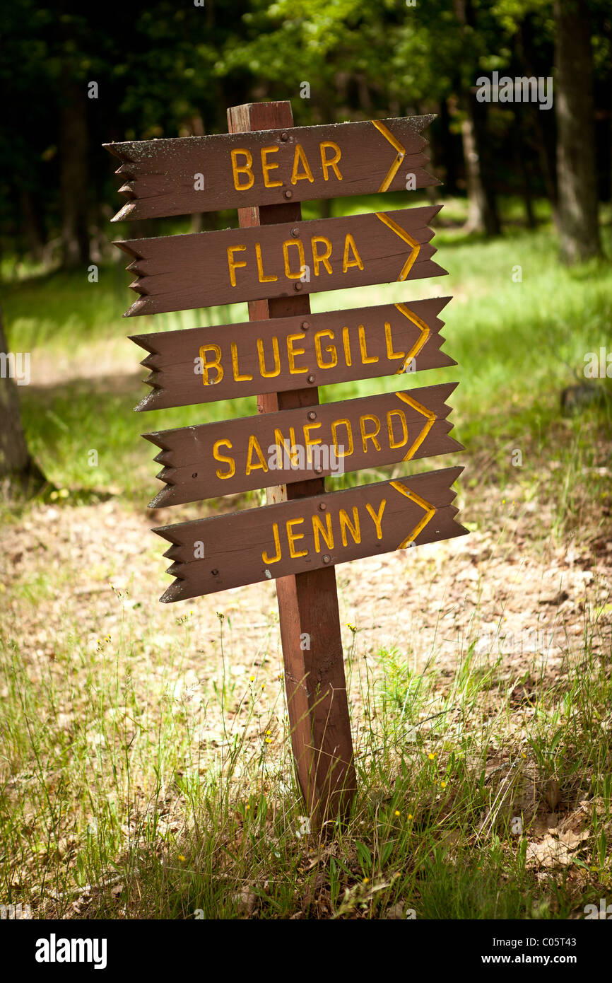 Old sign marking direction to fishing lakes in the Northwoods of ...