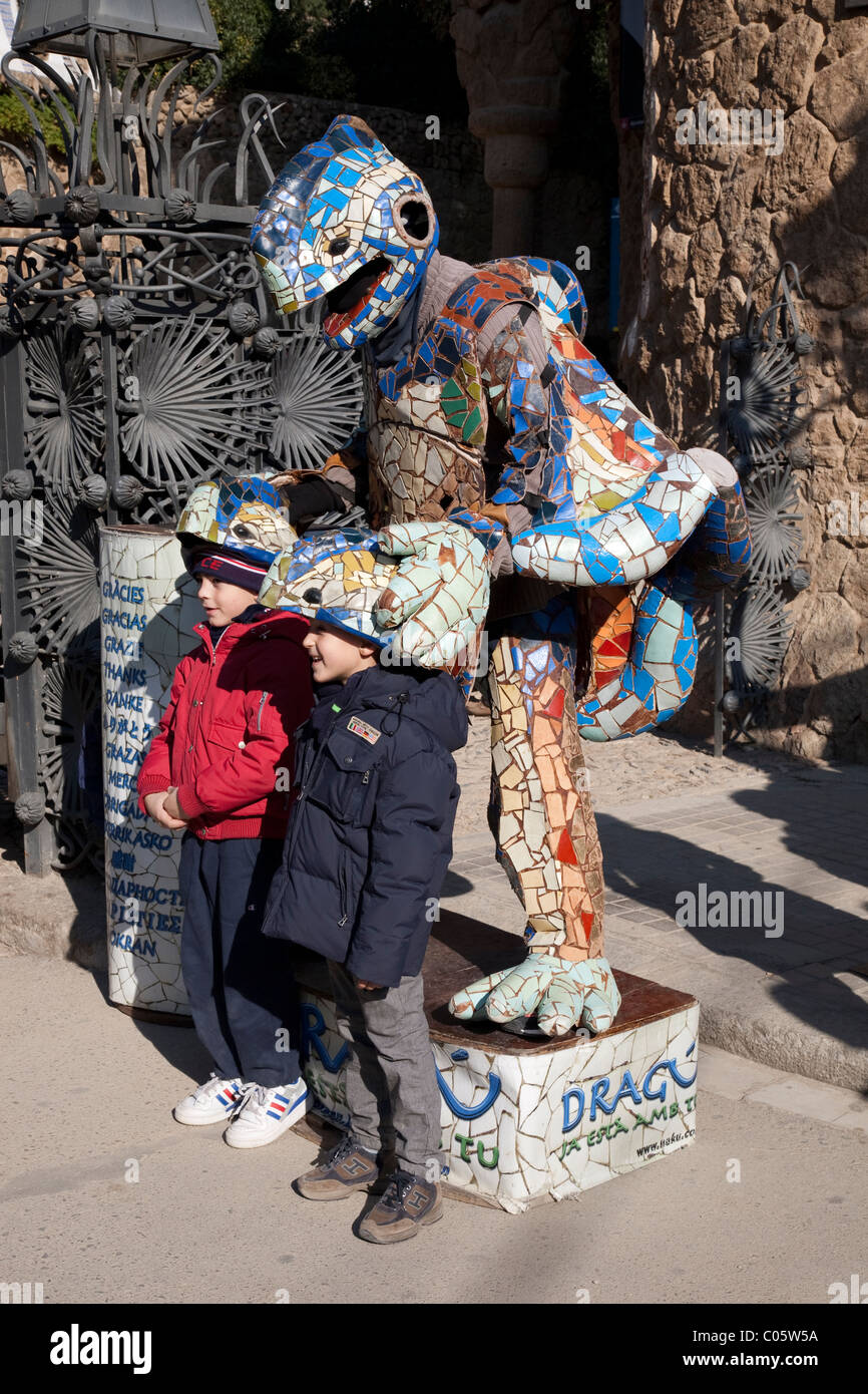 Gaudi Inspired Street Entertainer with Two Children in Park Guell ...