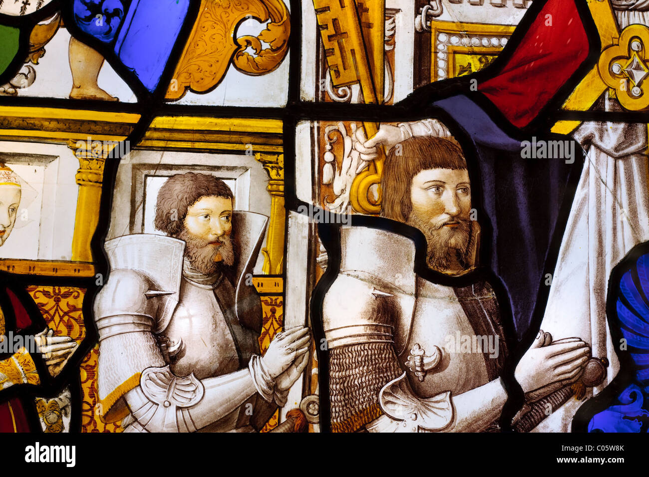 Close-up of stained glass window showing details of figures Stock Photo ...