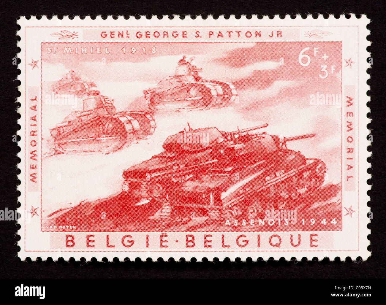 Postage stamp from Belgium depicting tanks from 1918 and 1944, to honor ...