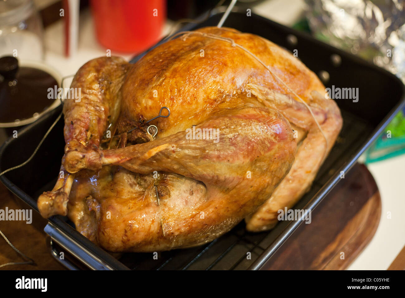 Well Roasted Turkey. A well done roasted turkey in its roasting pan ...