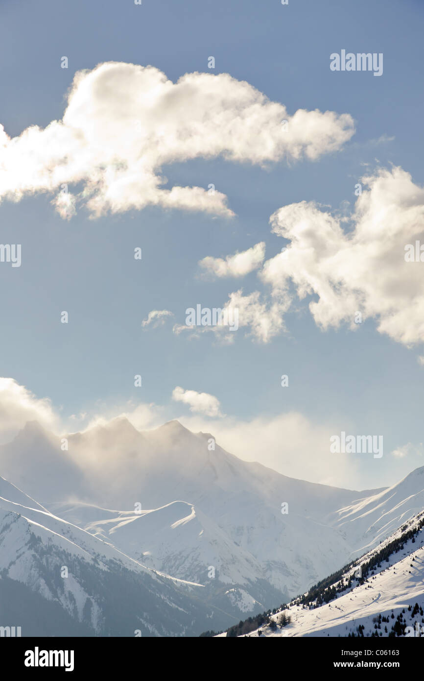 Snow mountain landscape with blue sky. Sunshine. Peaks. Rocks. Alps ...