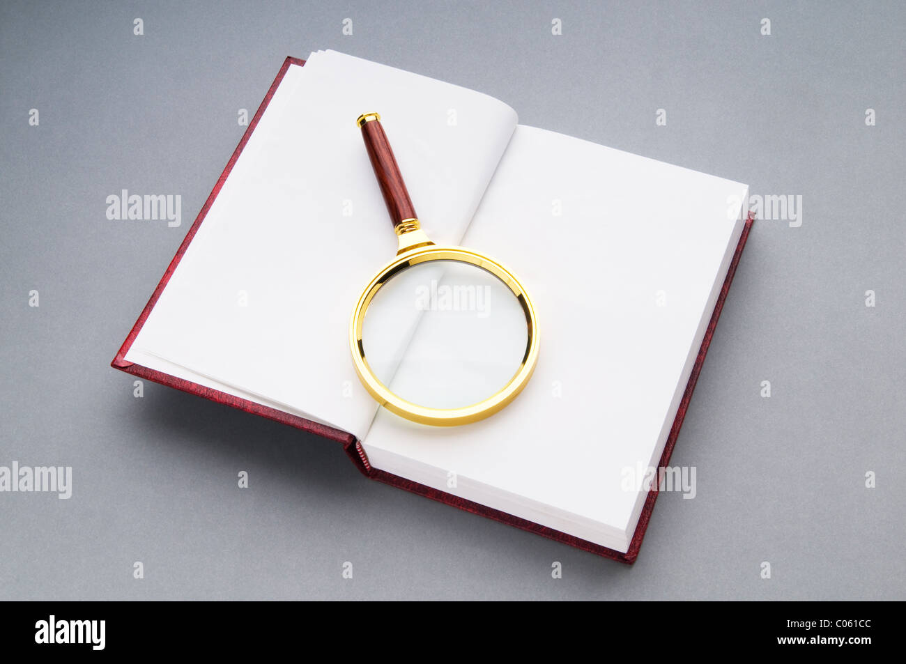 Magnifying glass over the stack of books Stock Photo - Alamy