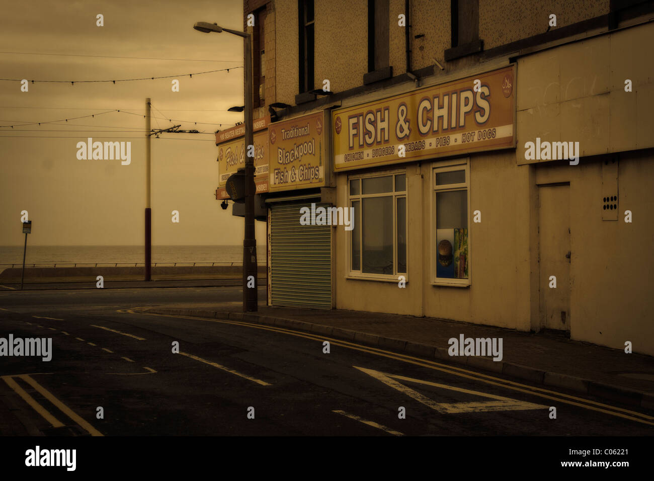 Fish & Chips shop in deserted street of Blackpool Stock Photo - Alamy