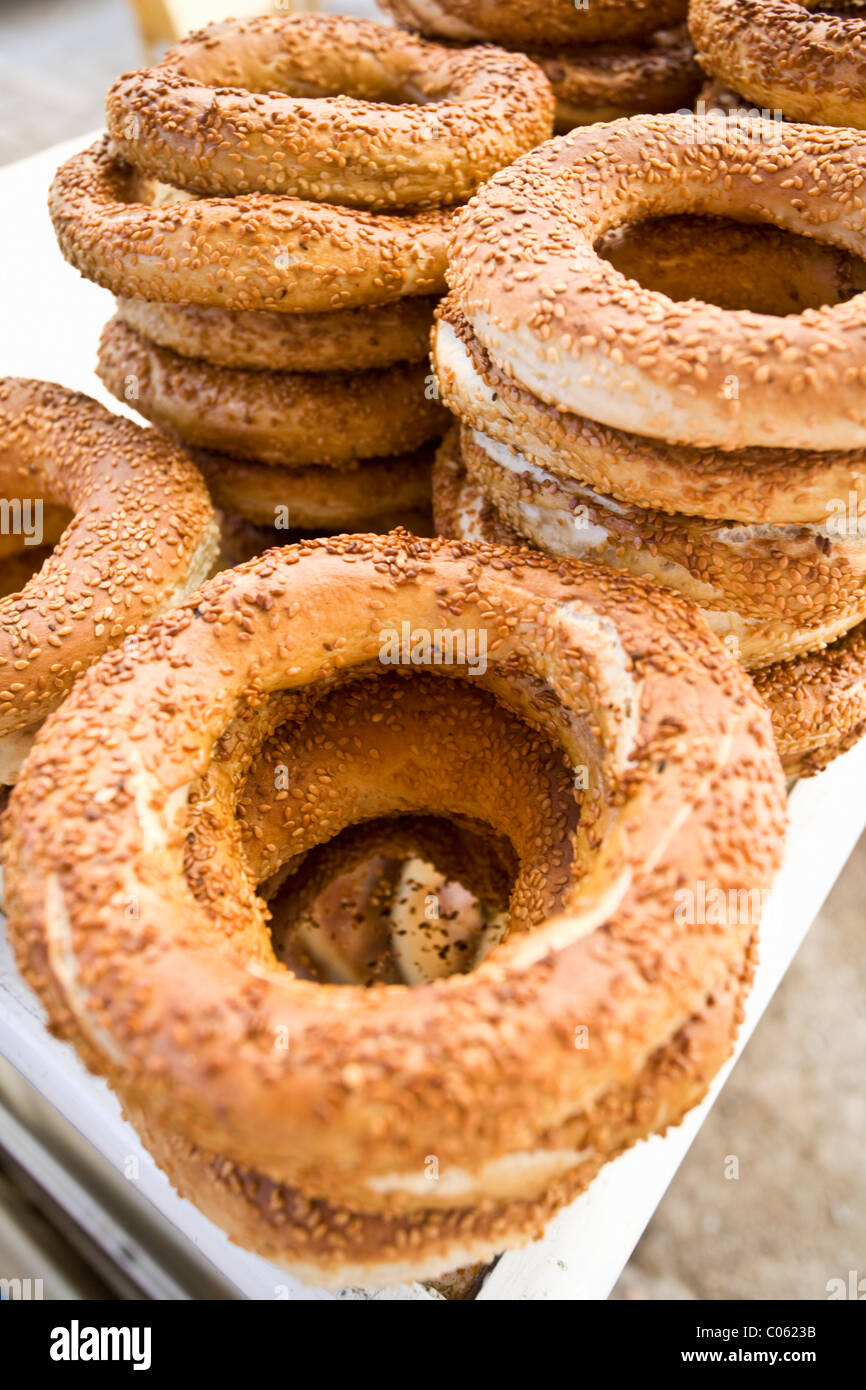 Large round Turkish bagels at a market Stock Photo - Alamy
