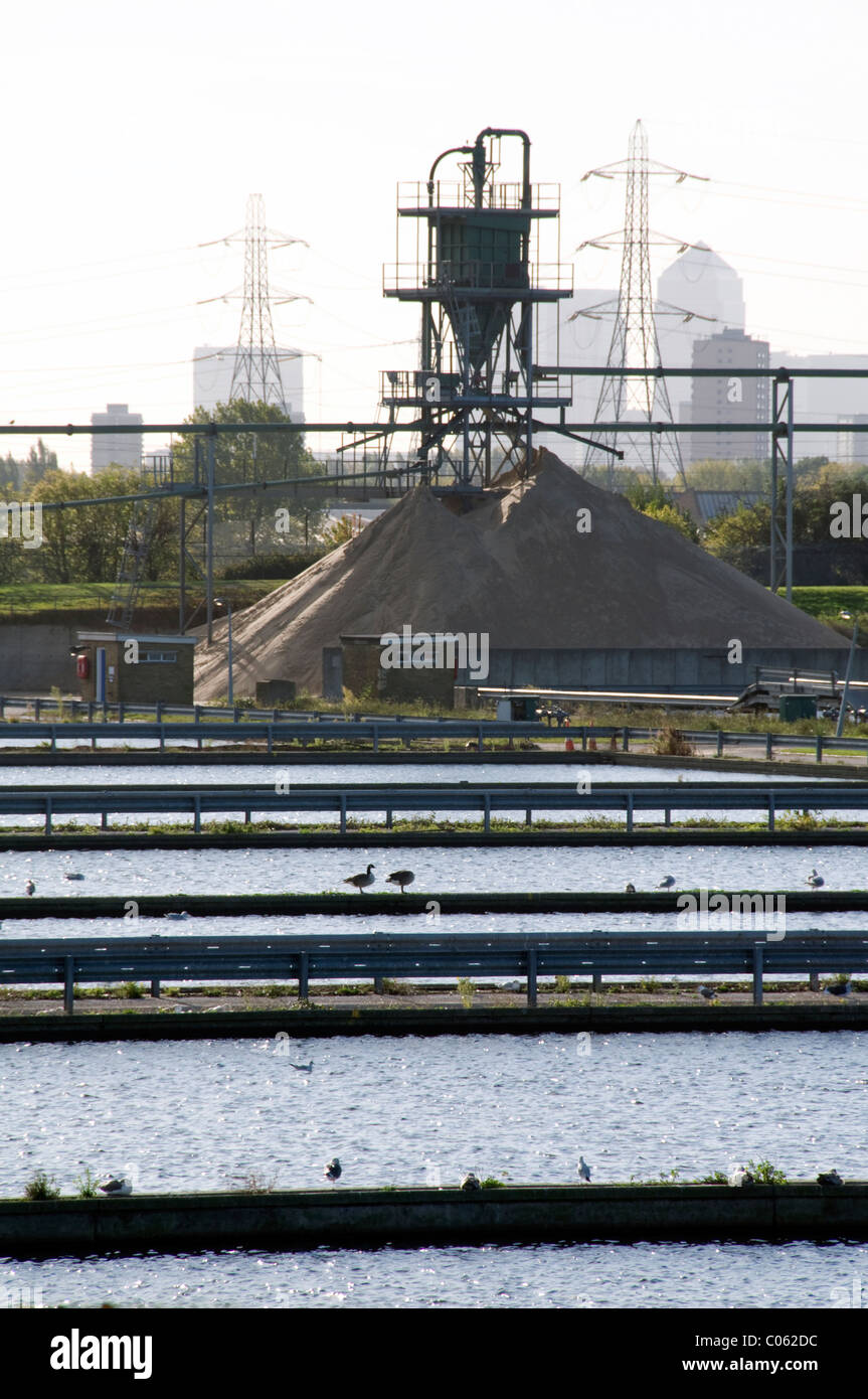 UK Waterworks at Lea Valley with Canary Wharf in background in east ...