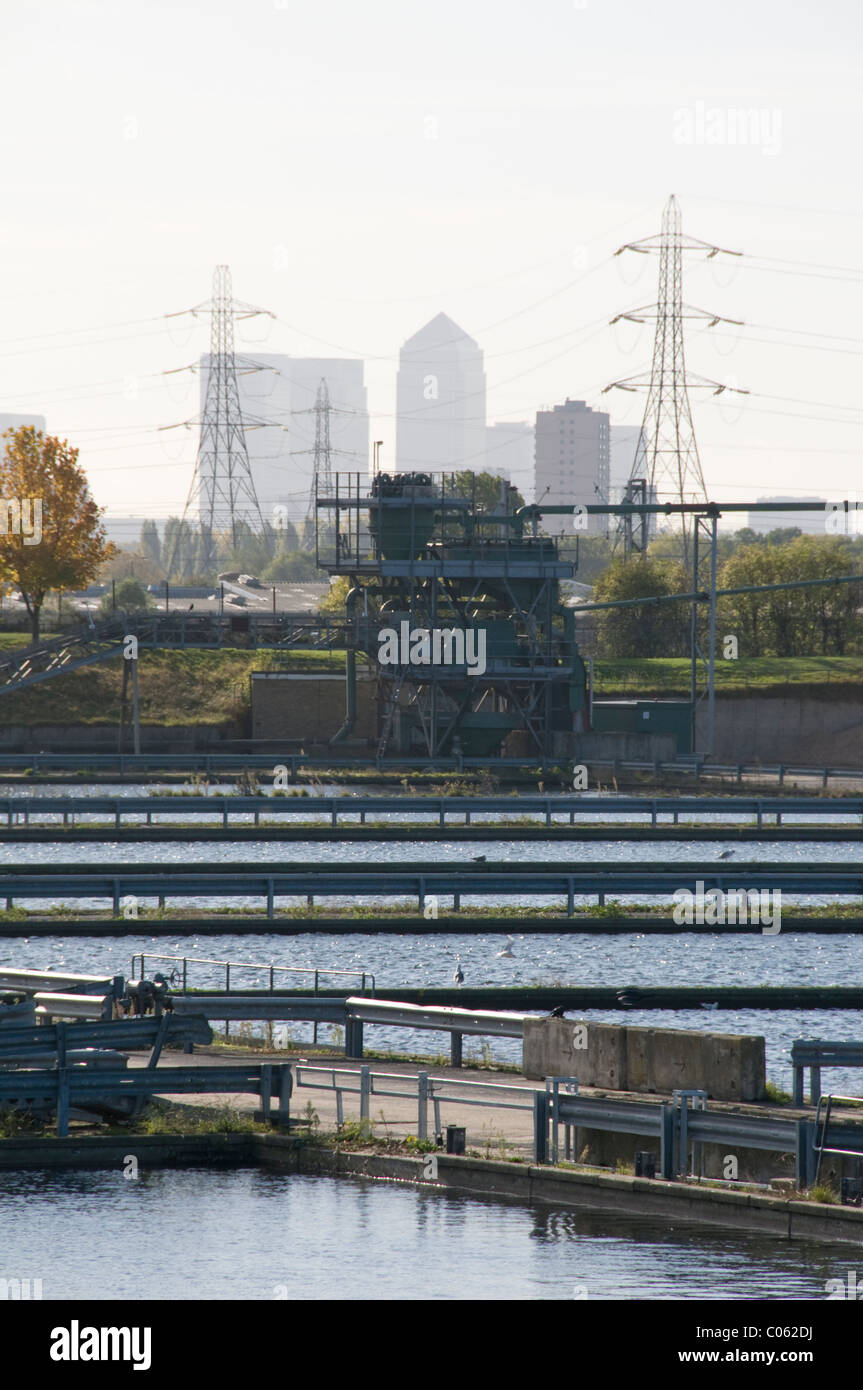 UK Waterworks at Lea Valley with Canary Wharf in background in east ...