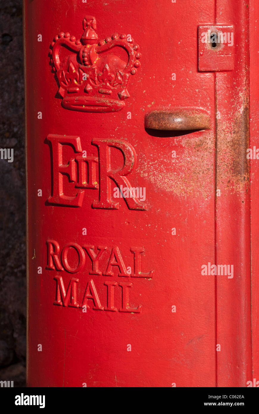 A close up of the door of a Elizabeth the Second Royal Mail red pillar ...
