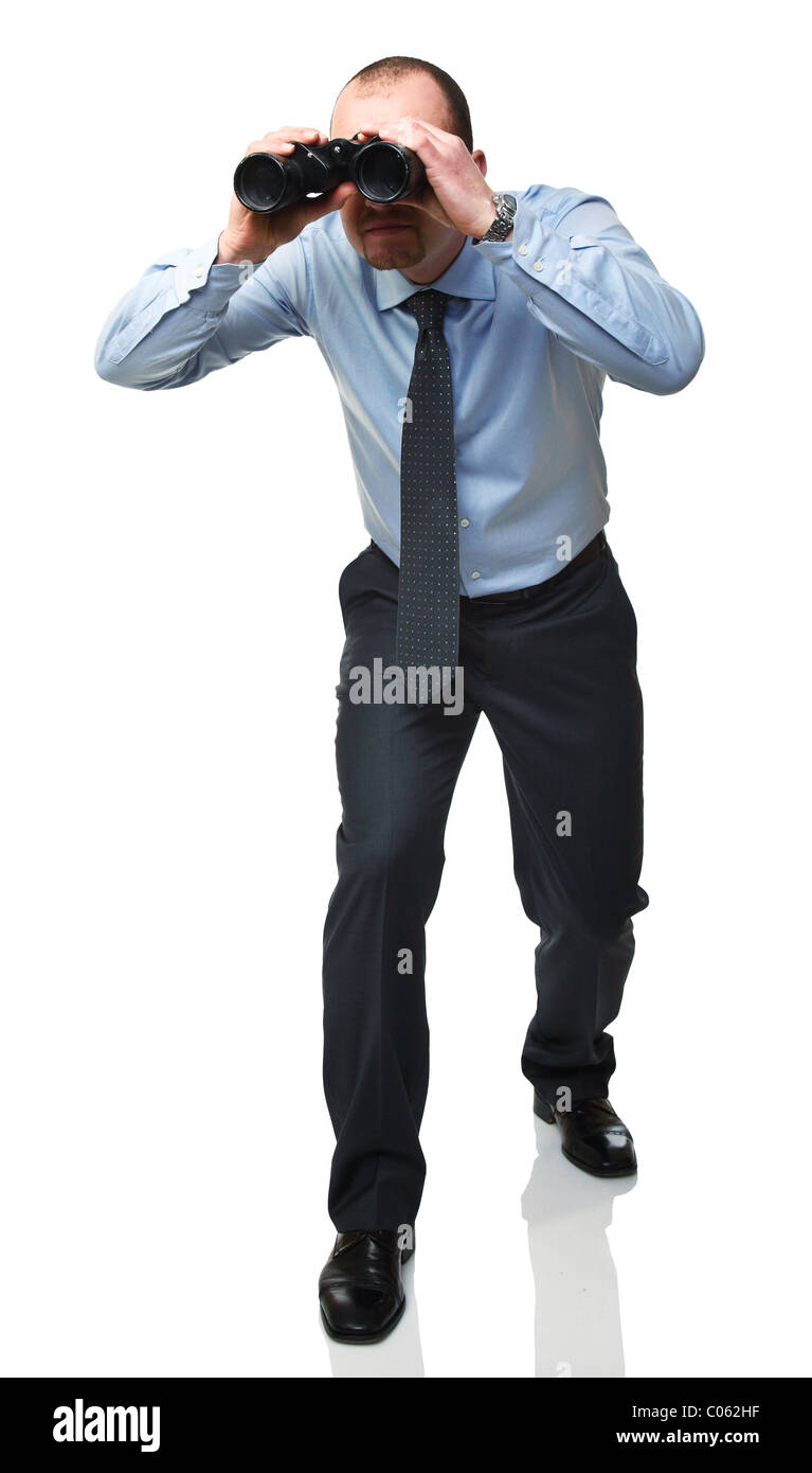 man with binocular isolated on white background Stock Photo - Alamy