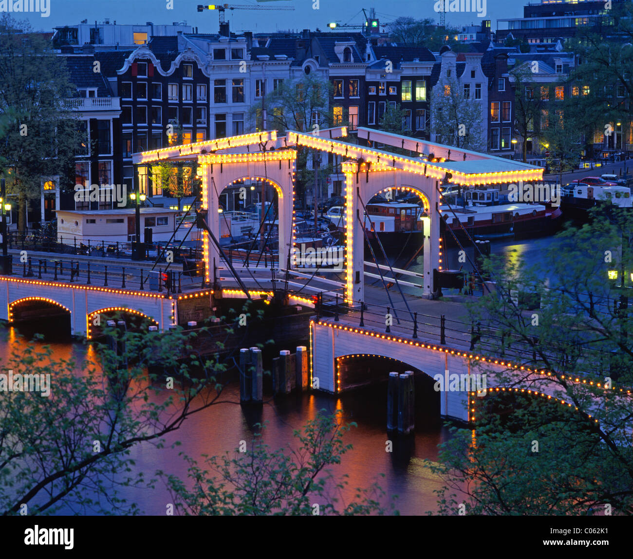 Netherlands, amsterdam, Skinny Bridge at twilight from high viewpoint ...