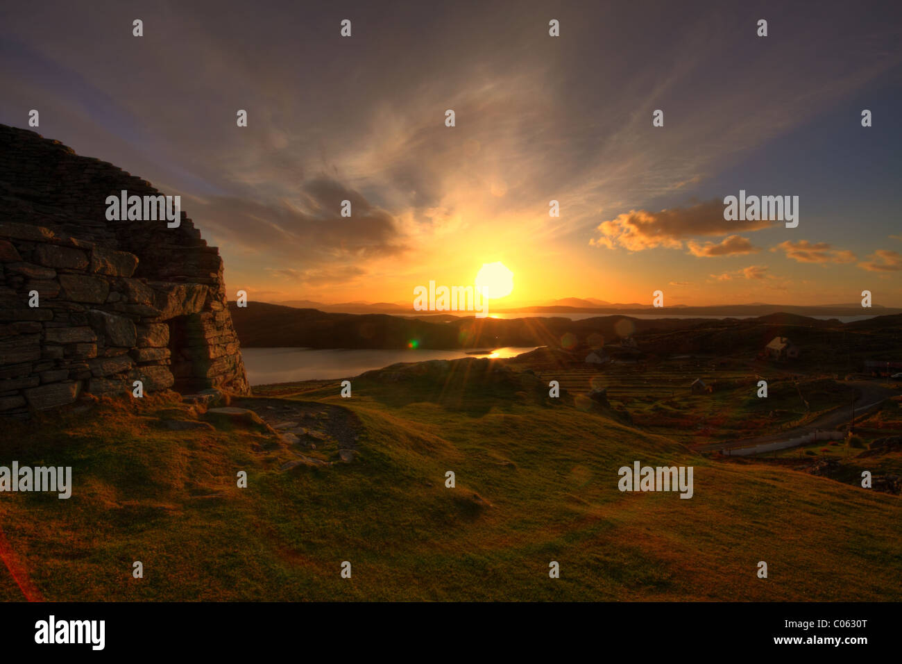 Sunset over the Dun Carloway broch, the Isle of Lewis, Scotland Stock ...