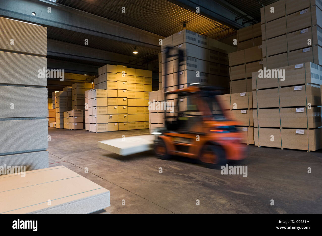 Fork lifter in the distribution center, Pfleiderer AG factory at the ...