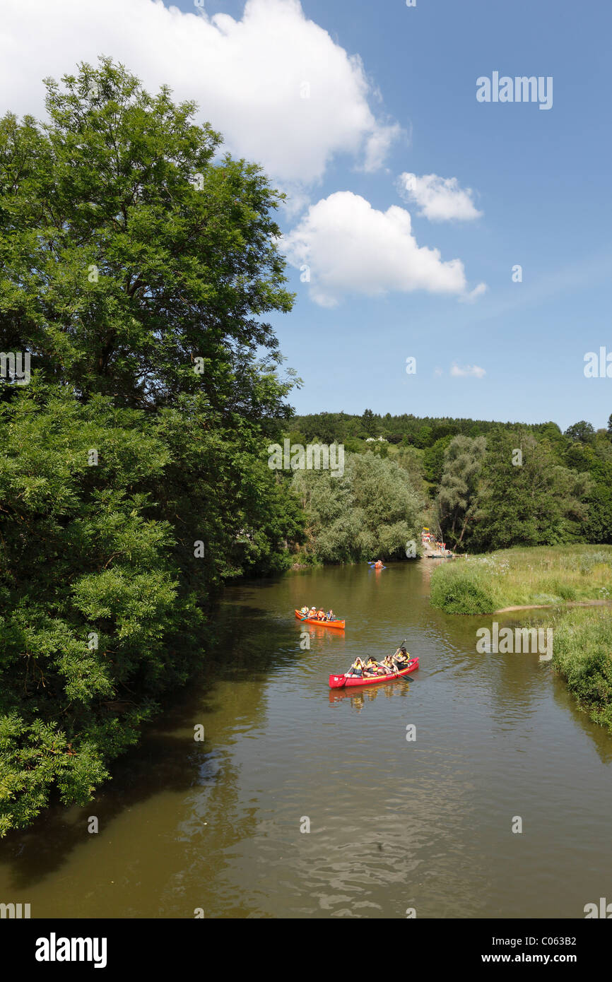 Canoes on the Altmuehl river, Altendorf, Altmuehltal region, Upper ...