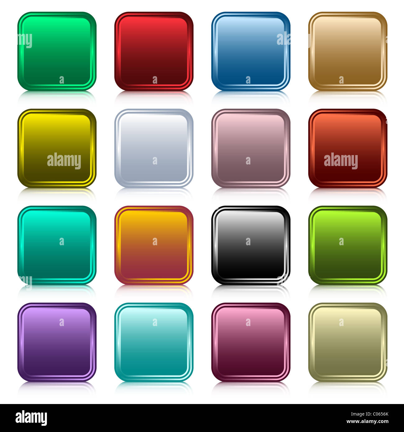 Web buttons set in 16 rounded square assorted colors with reflection ...