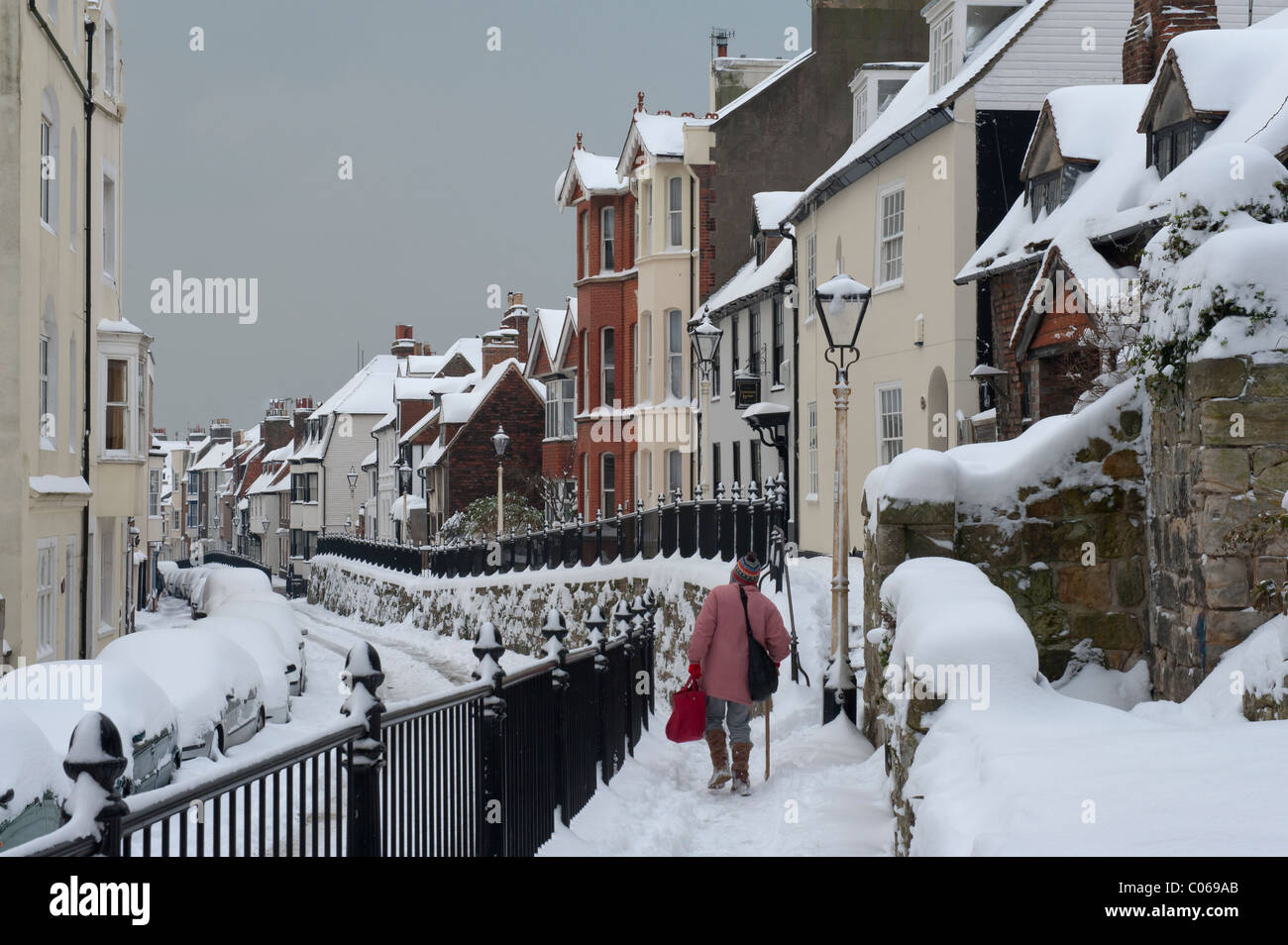 Snow covered High Street Old Town Hastings East Sussex England UK Stock ...