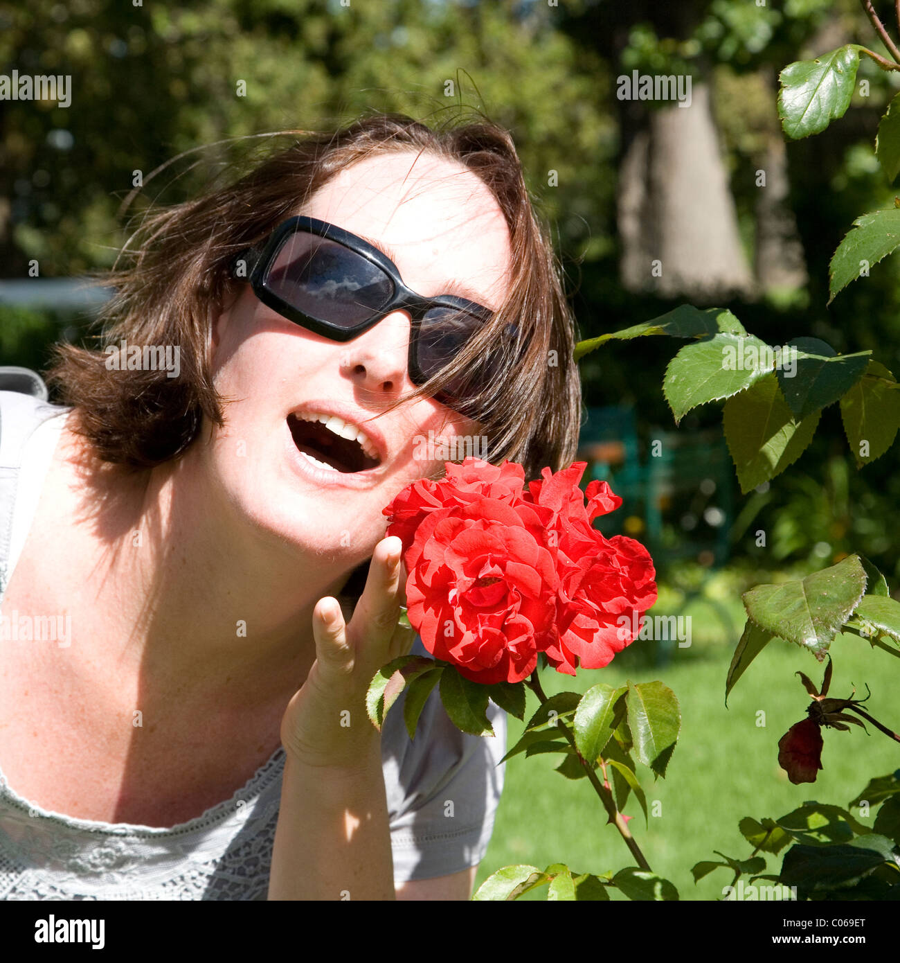 Woman smelling red roses hi-res stock photography and images - Alamy