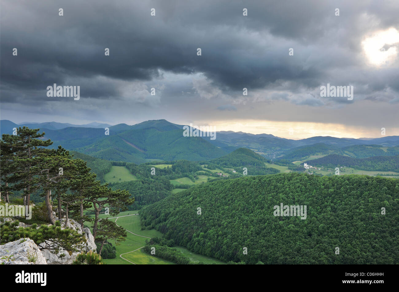 View from Peilstein south towards Schneeberg mountain, Triestingtal ...