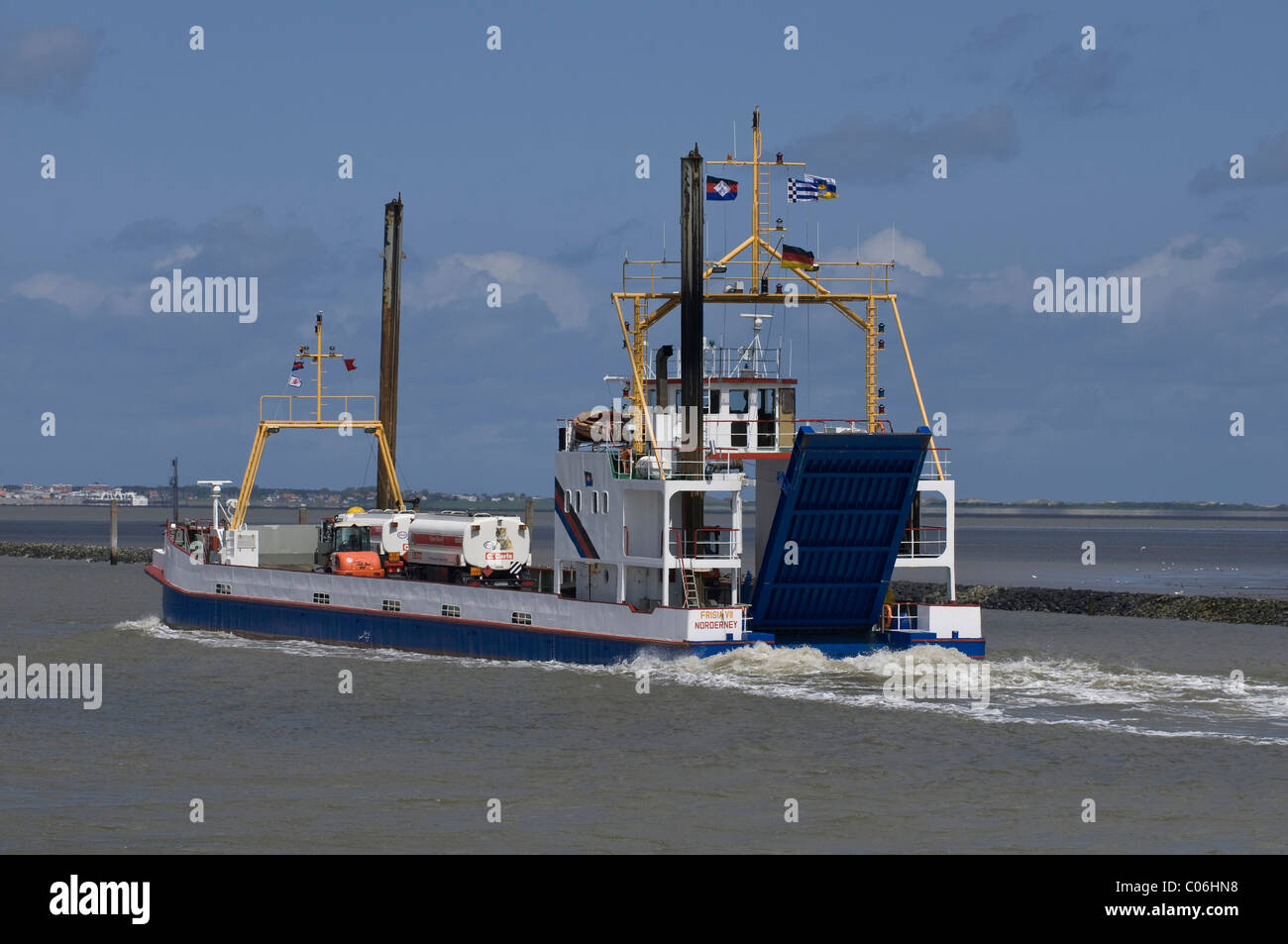 Island provider ship, Frisia VII, Norderney, flat hulled freighter ...