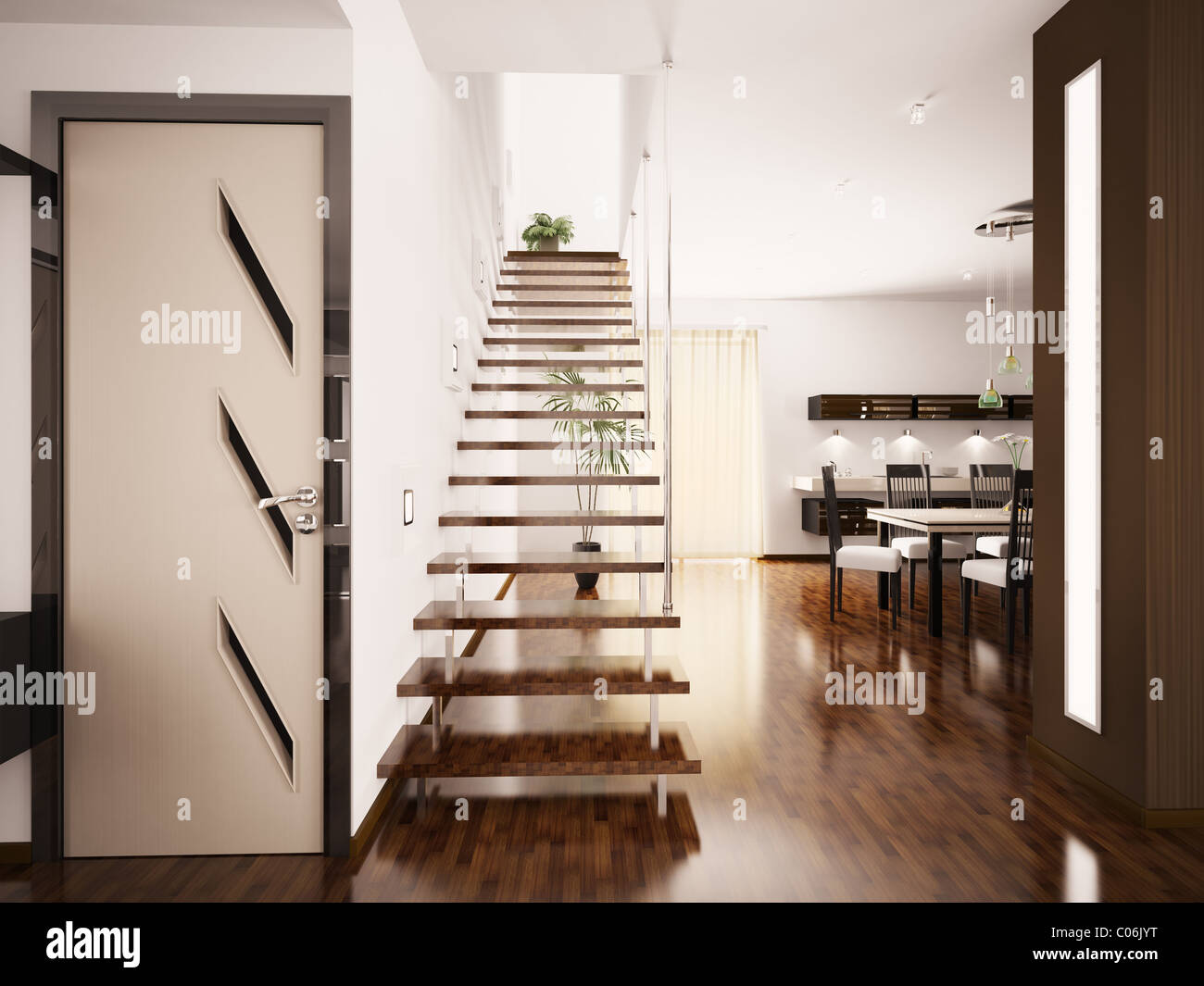 Modern interior of hall with staircase 3d render Stock Photo - Alamy
