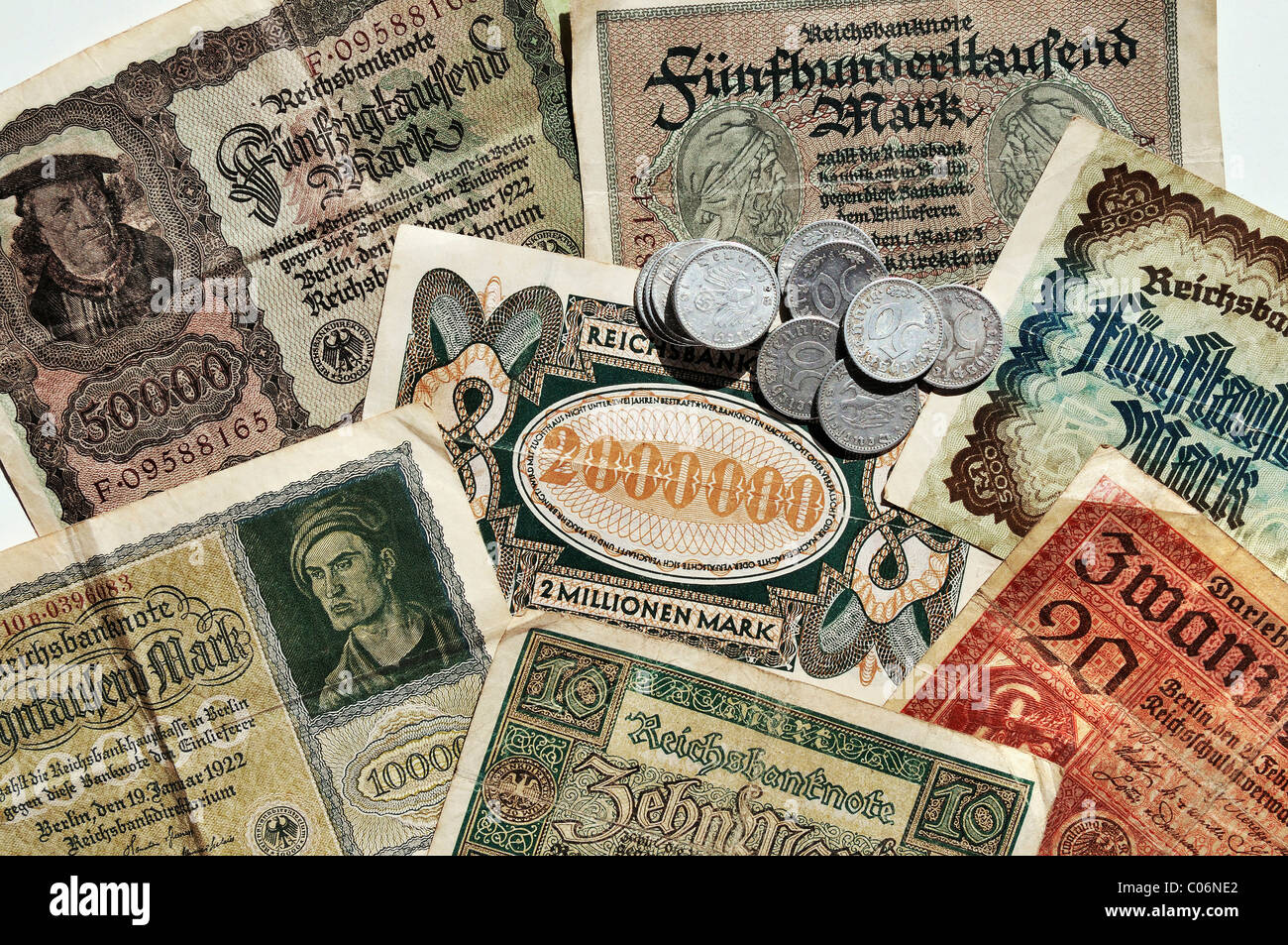 Fifty pfennig coins and Reichsmark banknotes, 1918-1923, Germany ...