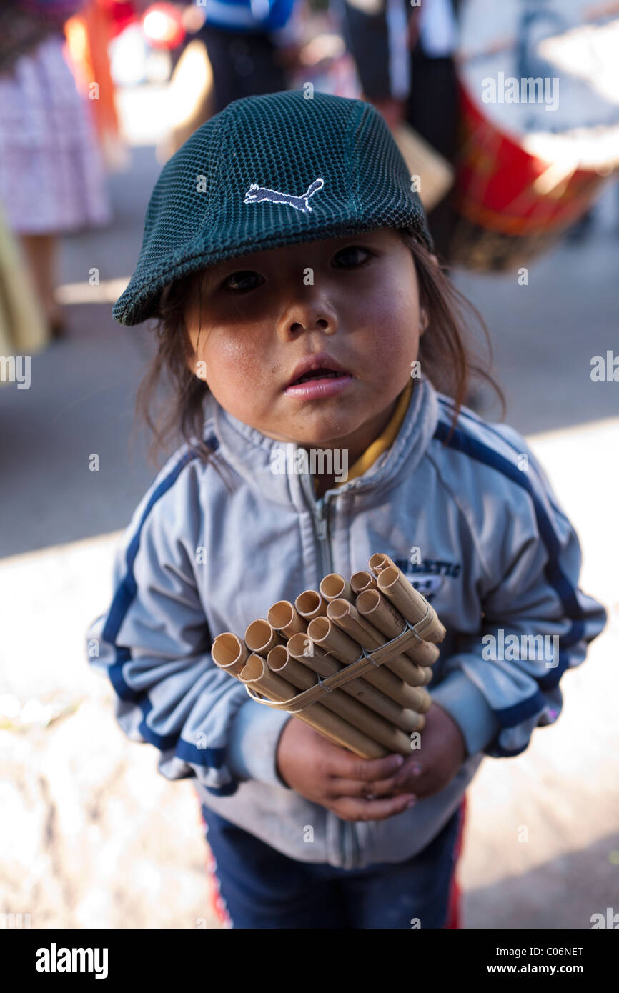 A portrait of a Peruvian child in costume during celebrations for Puno ...