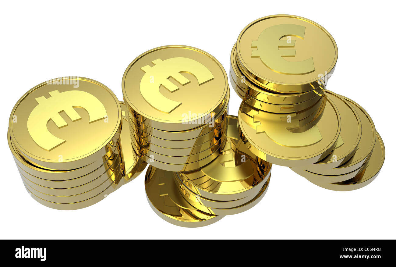 Stacks of gold Euro coins isolated on a white background Stock Photo ...