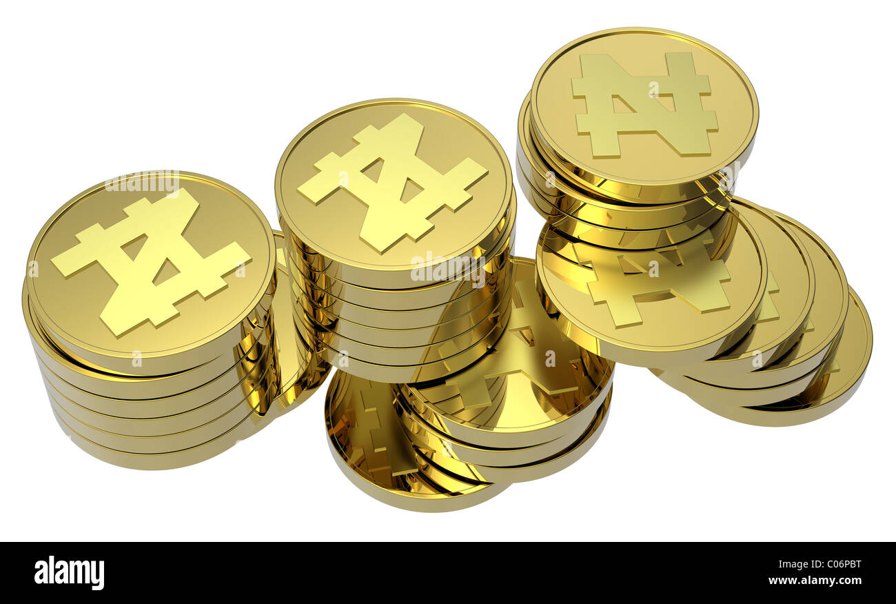 Stacks of gold naira coins isolated on a white background Stock Photo ...