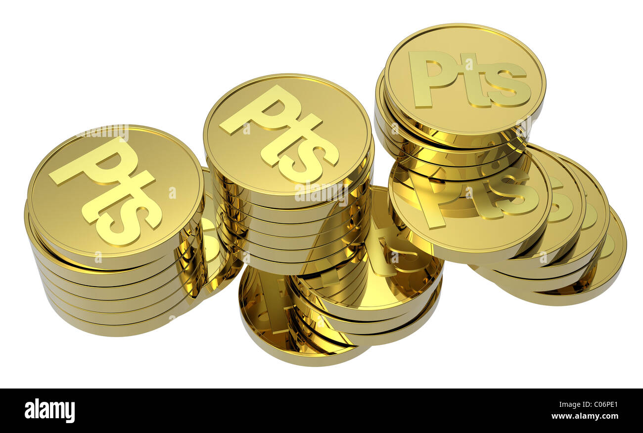 Stacks of gold peseta coins isolated on a white background Stock Photo ...